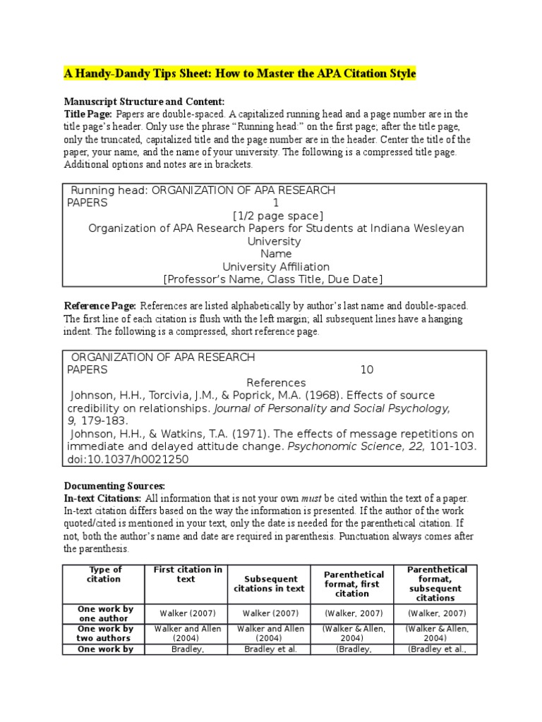 A Handy-Dandy Tips Sheet: How To Master The APA Citation Style | PDF ...