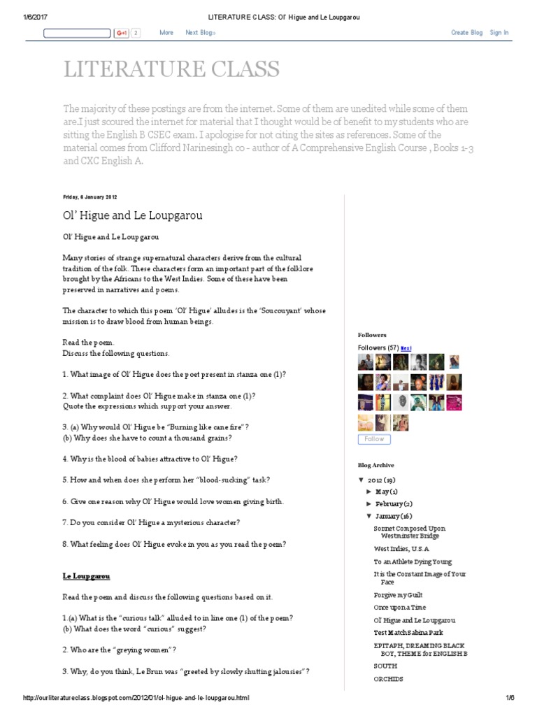 Literature Class - Ol' Higue and Le Loupgarou | PDF | Poetry