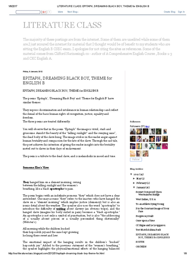 Literature Class - Epitaph, Dreaming Black Boy, Theme For English B ...