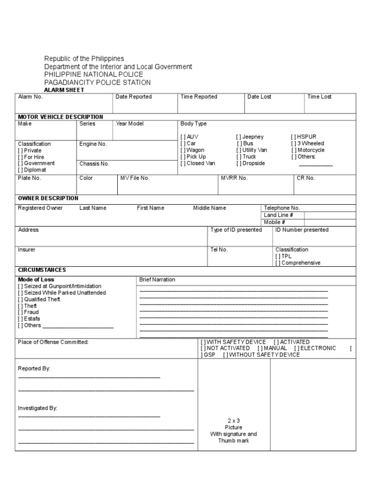 Sample Format of Alarm Sheet (Carnapping Incident) - 1 | PDF