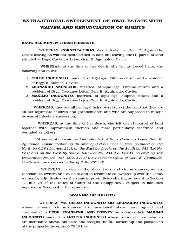 Extrajudicial Settlement of Real Estate With Waiver and Renunciation of ...