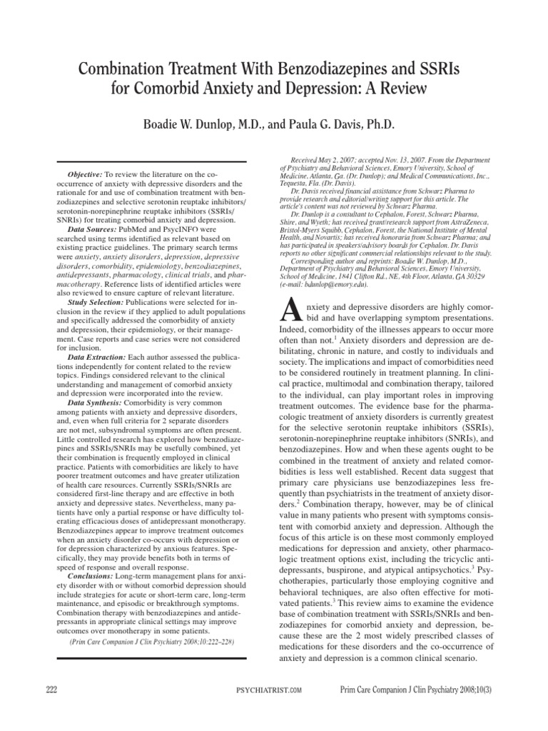 Combination Treatment of Benzodiazepine and Ssri | PDF | Wellness