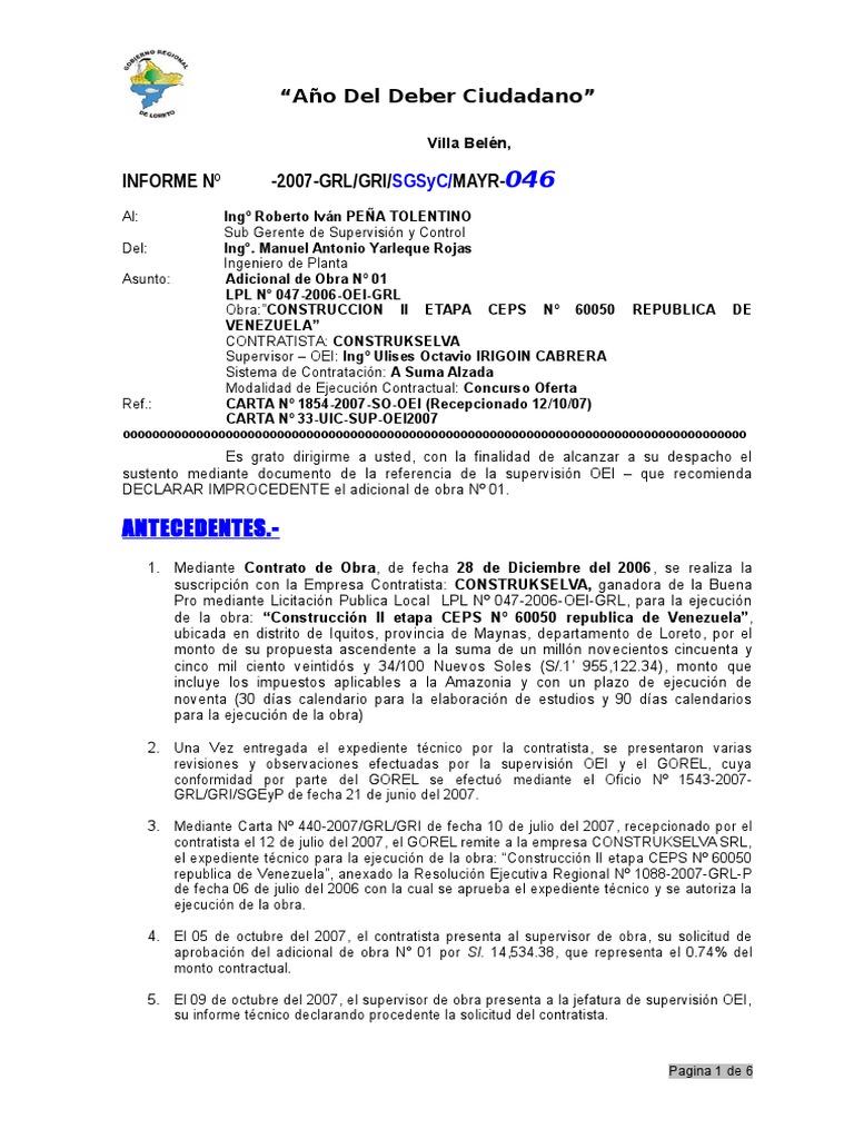 INFORME 046 Adicional de Obra N 01 Republica de Venezuela | PDF | Presupuesto | Instituciones ...