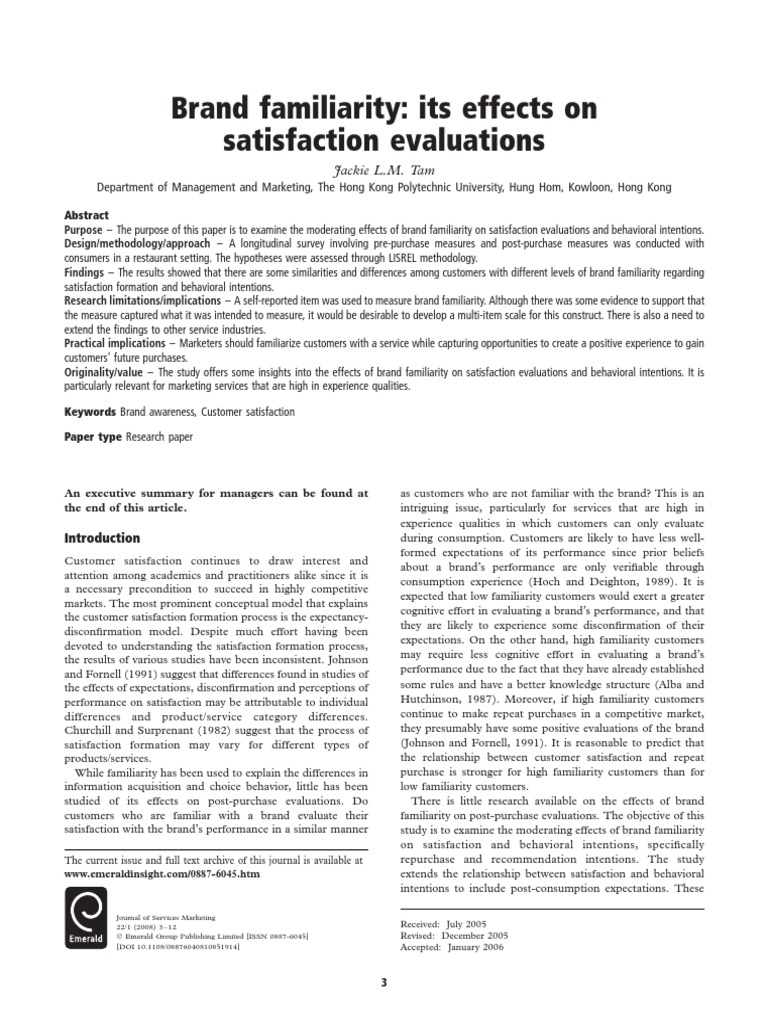 Brand Familiarity: Its Effects On Satisfaction Evaluations | PDF ...