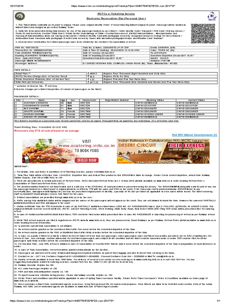 IRCTC e-Ticket Booking Details | PDF | Identity Document | Service ...