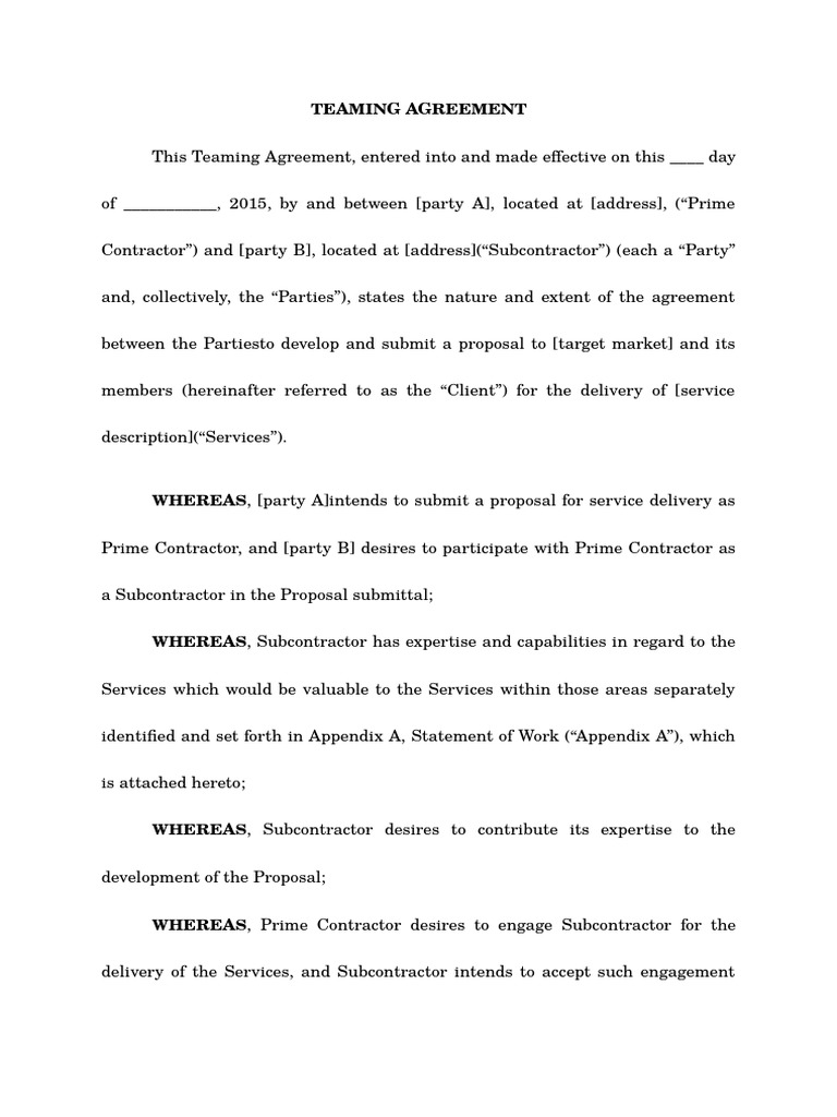 Teaming Agreement Template | PDF | Confidentiality | Arbitration