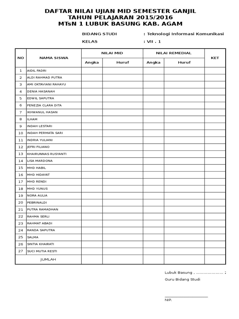 Blanko Nilai Mid | PDF