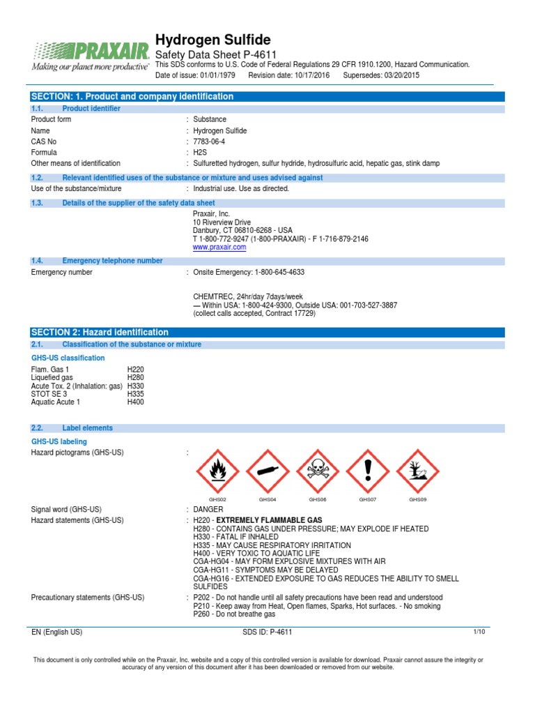 Hydrogen Sulfide h2s SDS | PDF | Firefighting | Explosive Material