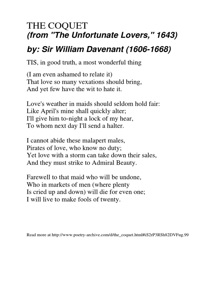 The Coquet: (From "The Unfortunate Lovers," 1643) By: Sir William ...