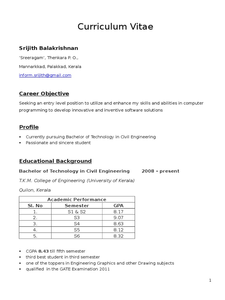 Sample Resume For B Tech Freshers | Download Free PDF | Kerala ...