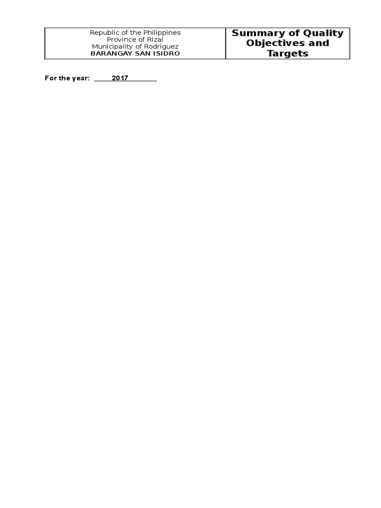 Summary of Quality Objectives and Targets - Template | PDF | Swot ...