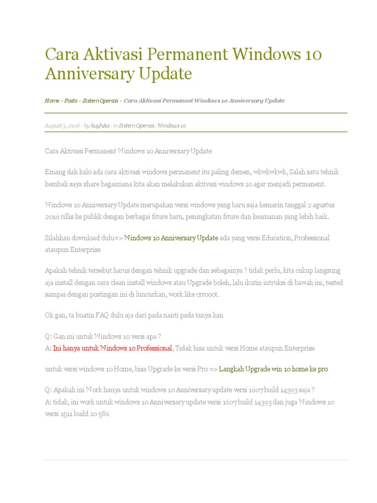 Cara Aktivasi Permanent Windows 10 Anniversary Update - KuyhAa | PDF