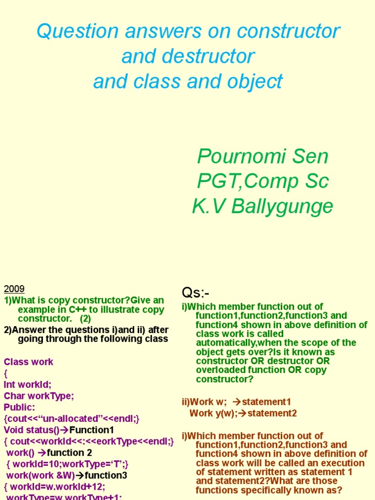 Question Answers On Constructor And Destructor P Sen Constructor