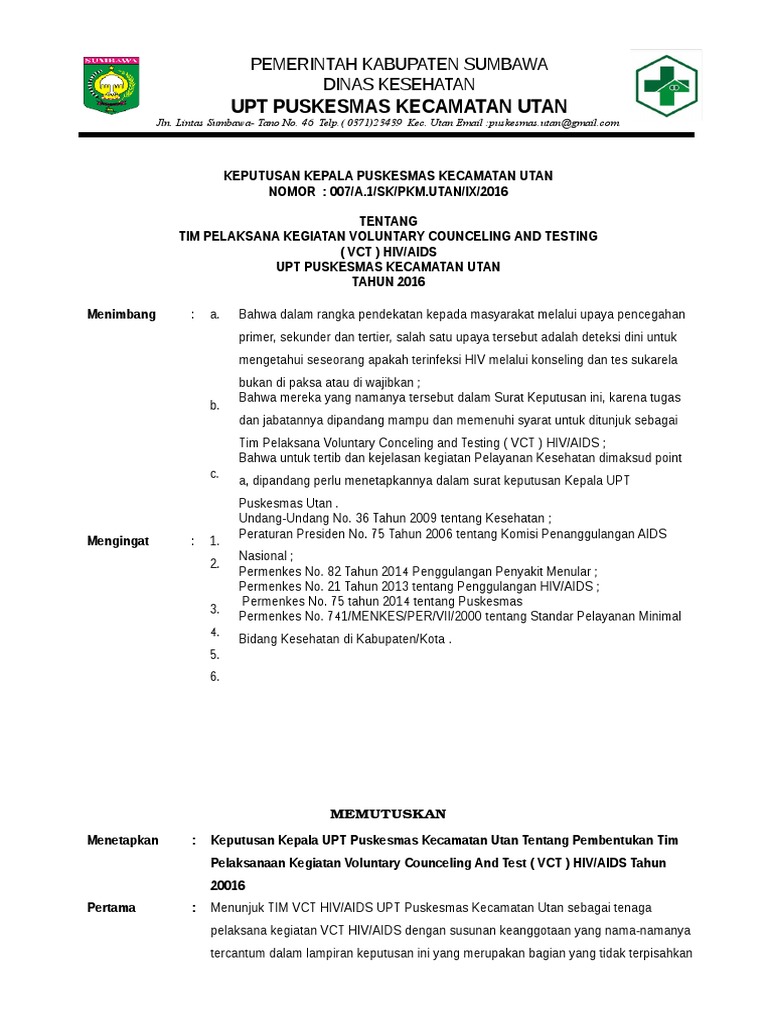 SK Tim VCT Puskesmas Utan | PDF