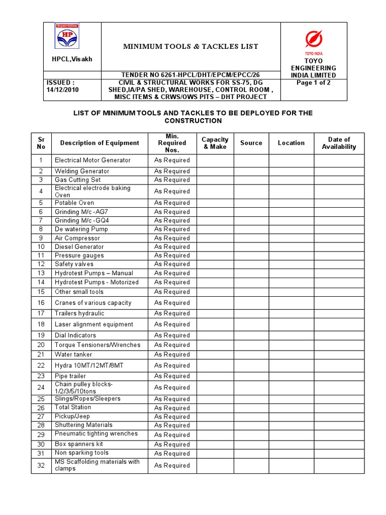 List of Minimum Tools and Tackles To Be Deployed For The Construction ...