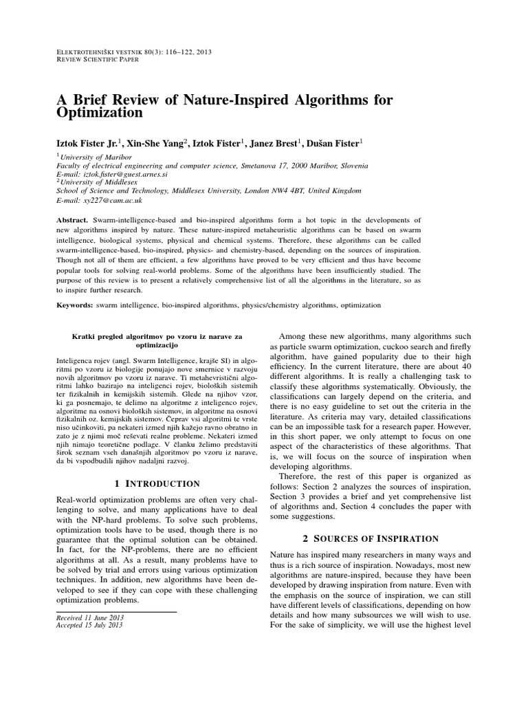 A Brief Review of Nature-Inspired Algorithms For Optimization | PDF ...