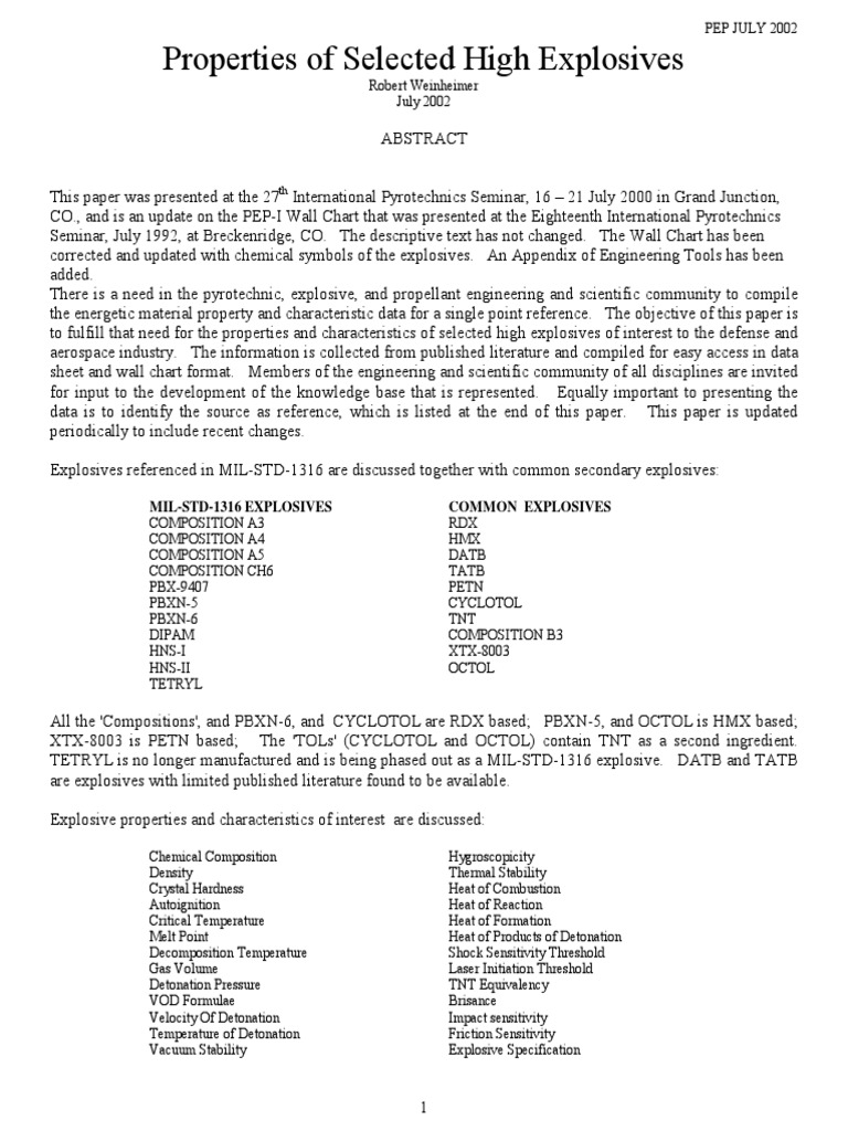 Properties Selected High Explosives | PDF | Explosive Material ...