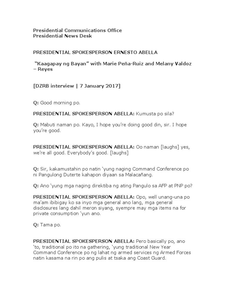 Transcript - DZRB Interview With Presidential Spokesperson Ernesto Abella | PDF