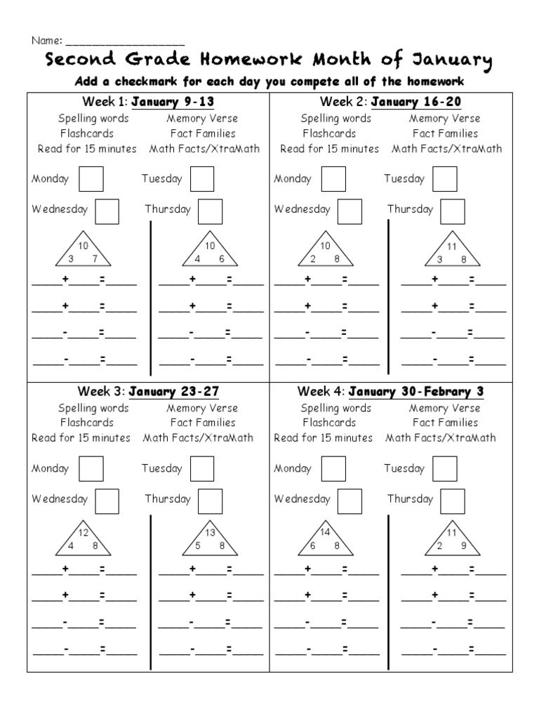 Second Grade Homework Month of January: Add A Checkmark For Each Day ...