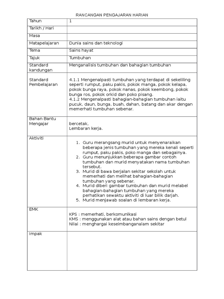 RPH DST Tahun 1-Bahagian Tumbuhan | PDF