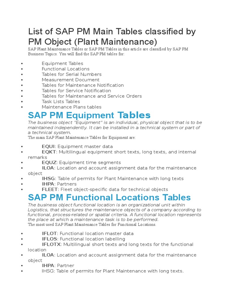 List of SAP PM Main Tables Classified by PM Object | PDF | Business ...