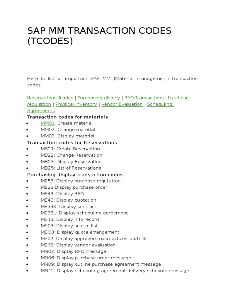 SAP MM Transaction Codes Guide | PDF | Business | Business (General)