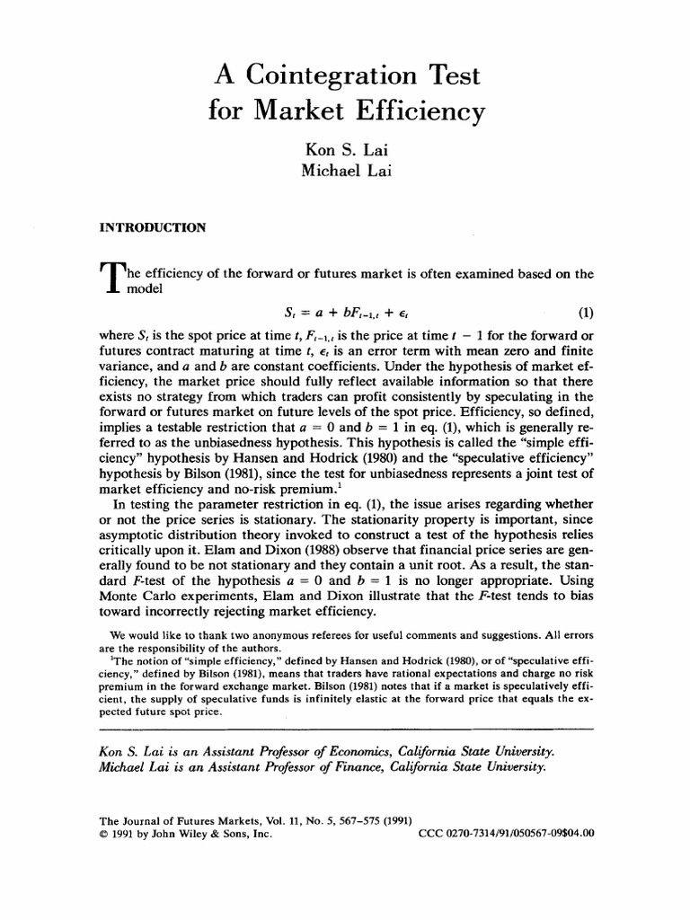 A Cointegration Test For Market Efficency | PDF | Statistical ...