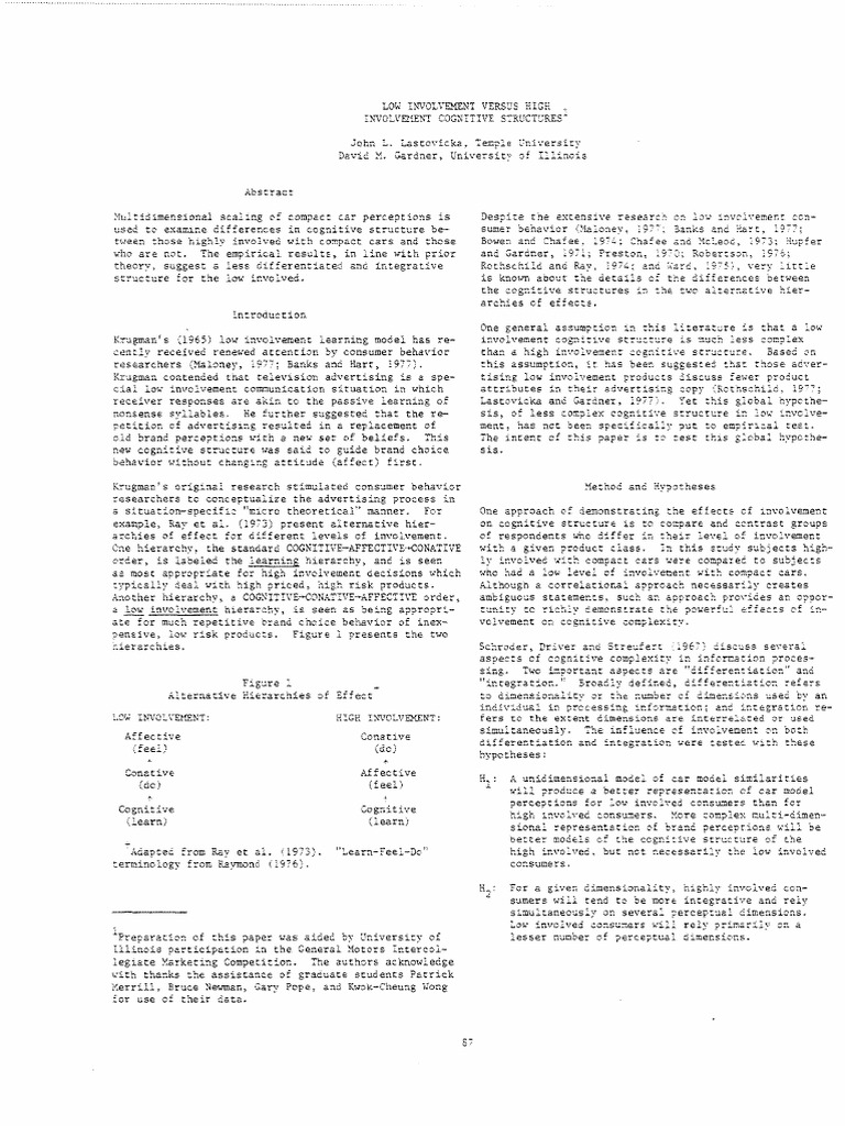 (1978) - Low Involvement Versus High Involvement Cognitive Structures ...