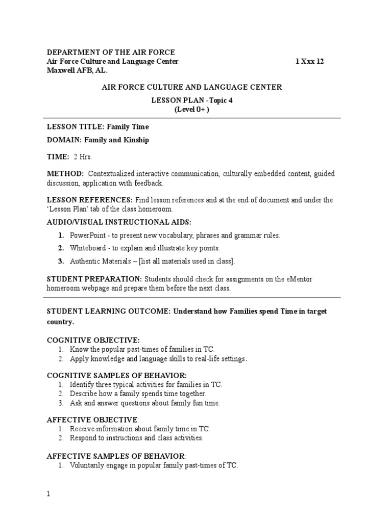 Lesson Plan 05M1 - Topic4 - Family Time | PDF