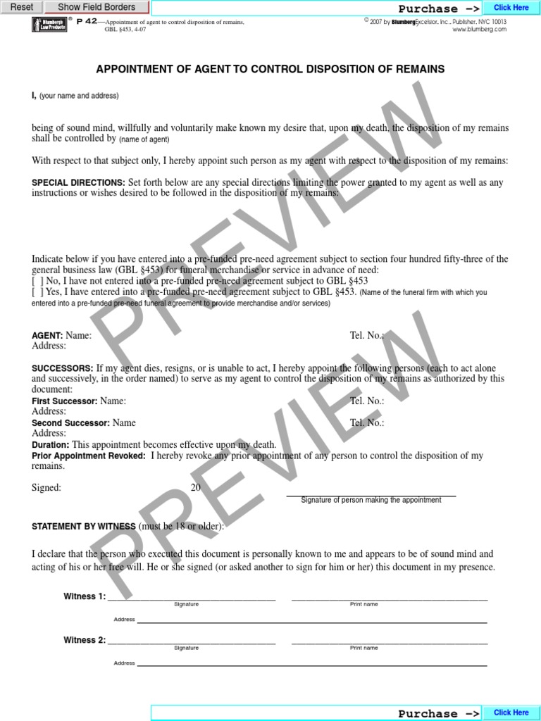 Preview Preview: Appointment of Agent To Control Disposition of Remains ...