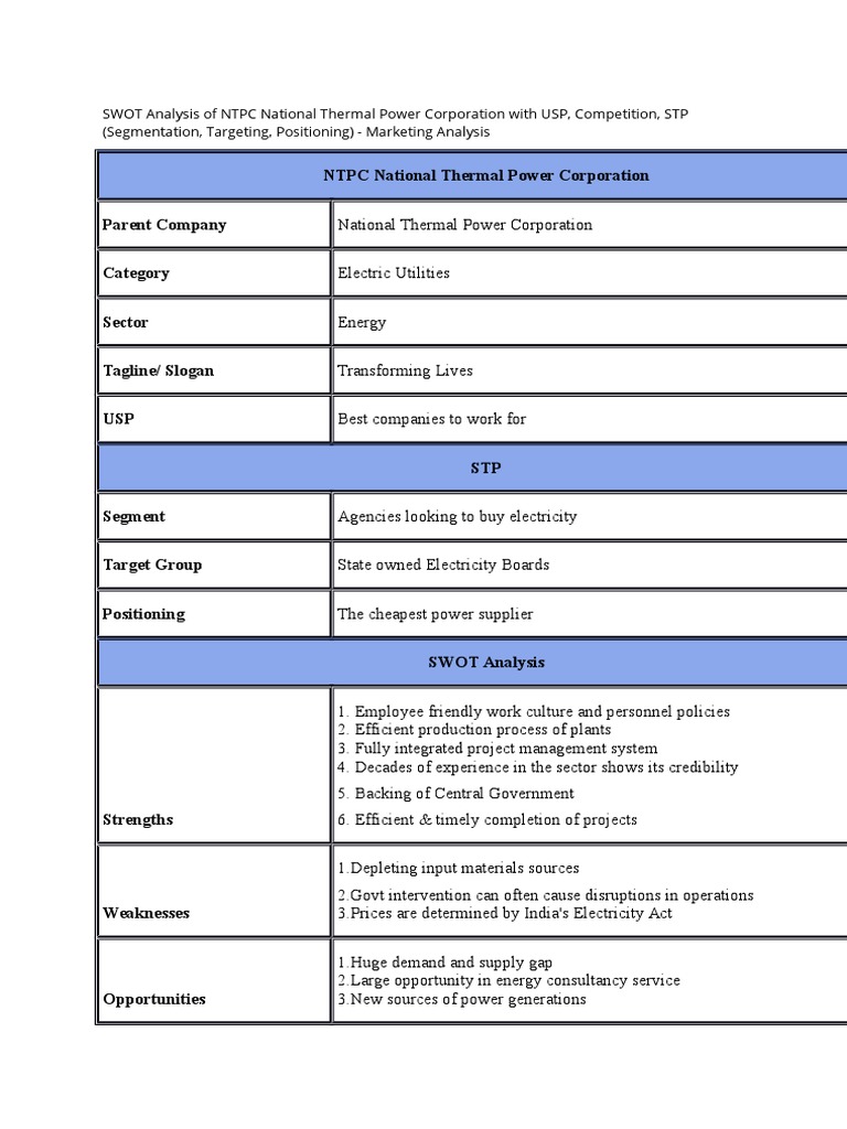 SWOT Analysis of NTPC National Thermal Power Corporation With USP | PDF ...