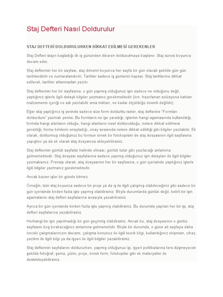 Staj Defteri Nasıl Doldurulur | PDF