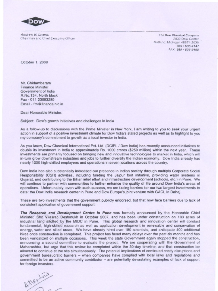 Dow Letters To PC and Nath | PDF | Dow Chemical Company | Gujarat