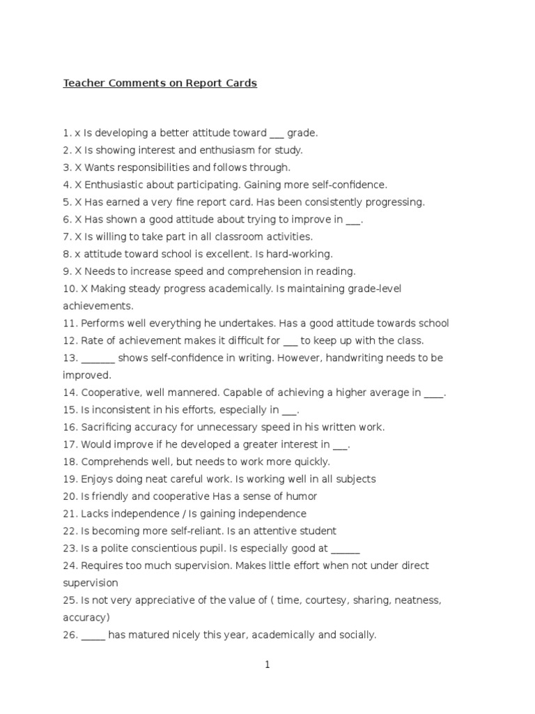 Teacher Comments On Report Cards | PDF | Reading Comprehension | Teachers