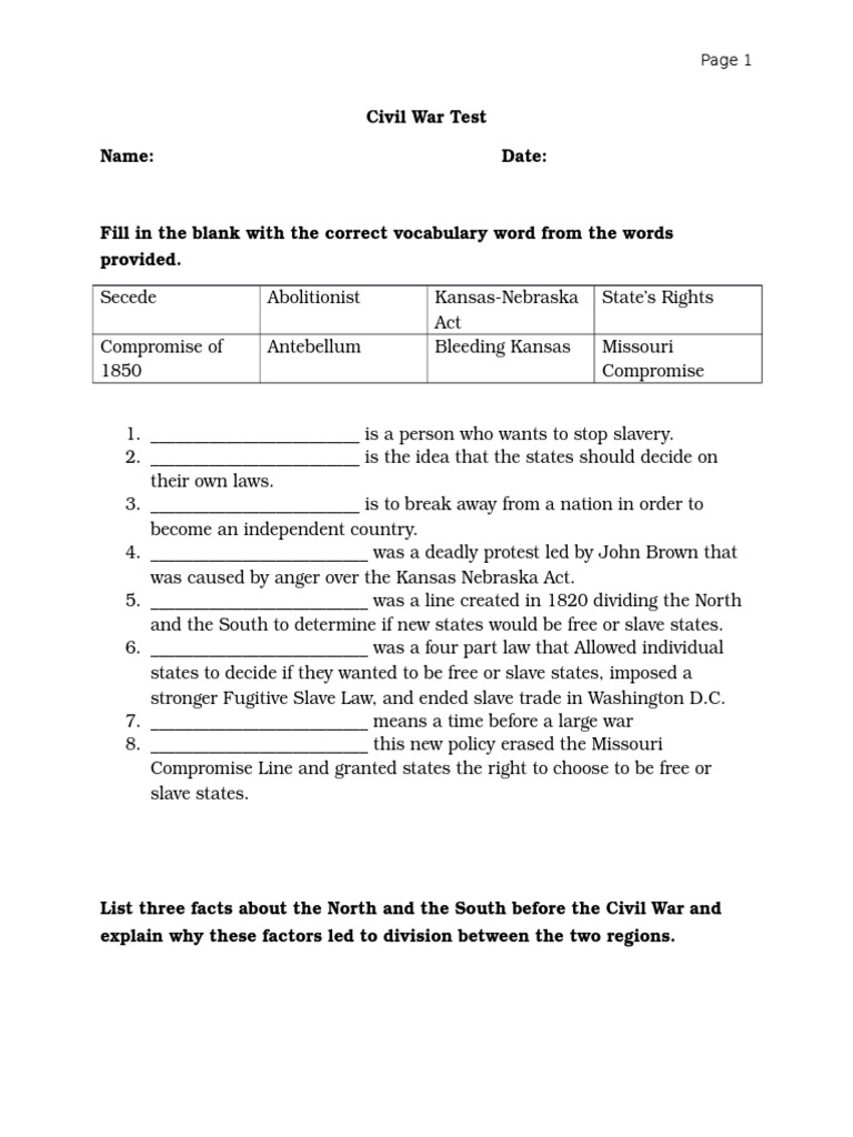 Civil War Test | PDF | American Civil War | Confederate States Of America