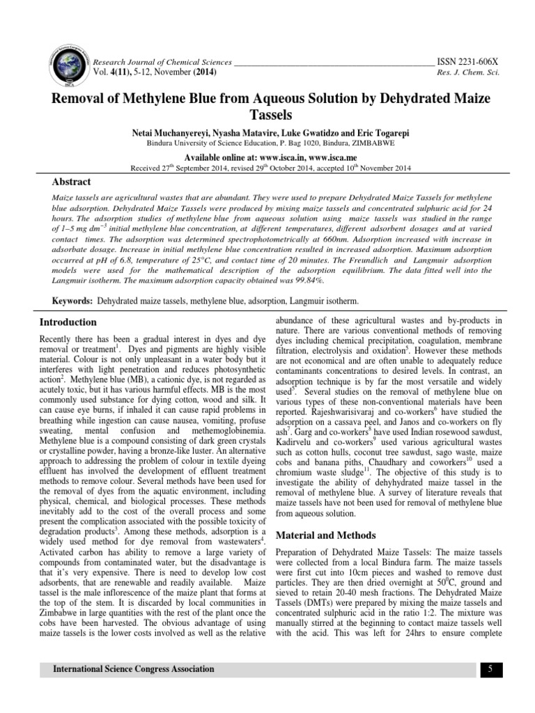 Methylene Blue Removal Using Maize Tassels | PDF | Adsorption | Materials