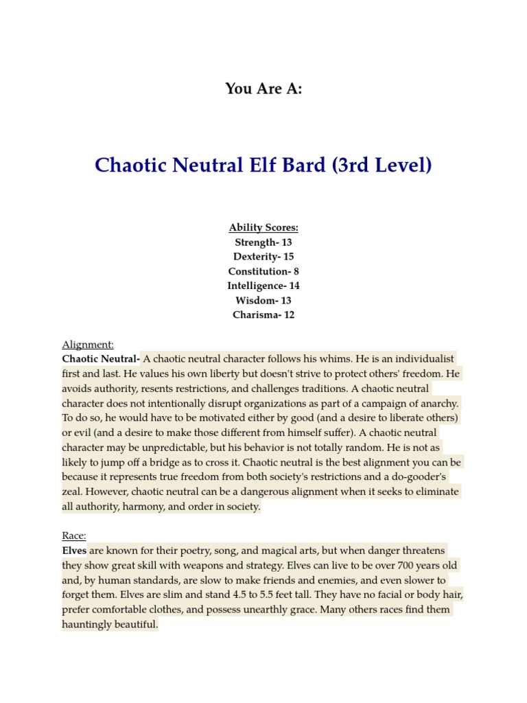 Chaotic Neutral Elf Bard (3rd Level) : You Are A | PDF | Dungeons ...