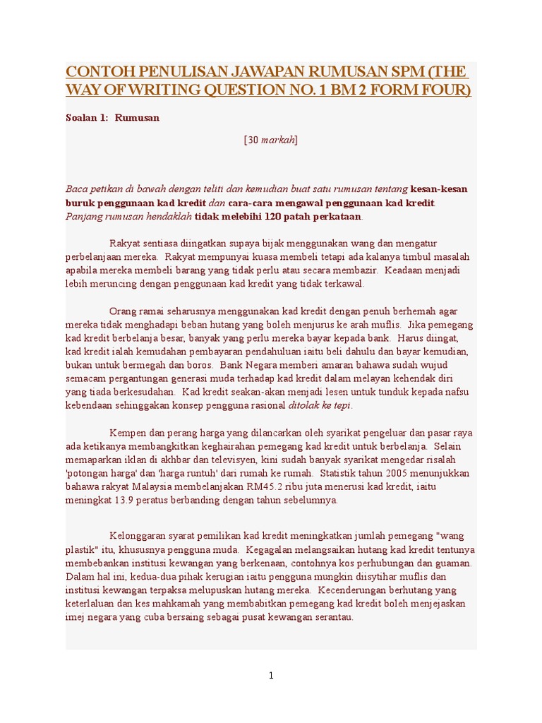 Contoh Penulisan Jawapan Rumusan SPM k2 | PDF