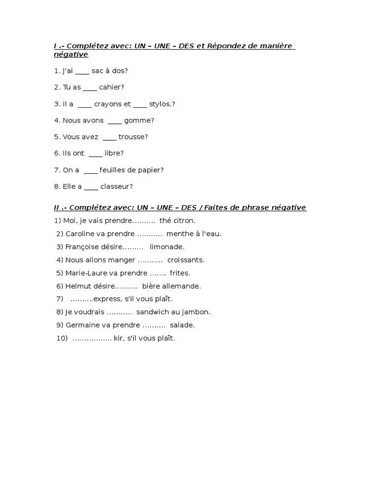 Exercices Articles Indéfinis Et Négation | PDF
