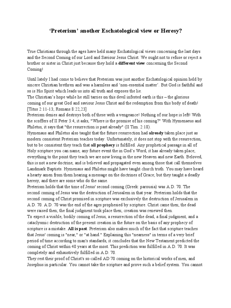 Preterism Another Eschatological View Or Heresy Pdf Second