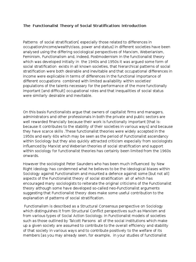 The Functionalist Theory of Social Stratification | PDF | Social ...