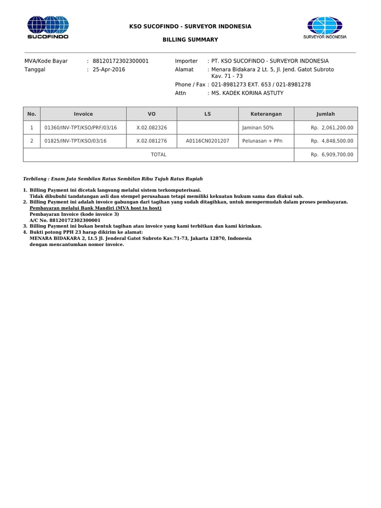 Contoh Billing KSO | PDF | Bisnis | Pengelolaan Keuangan & Uang