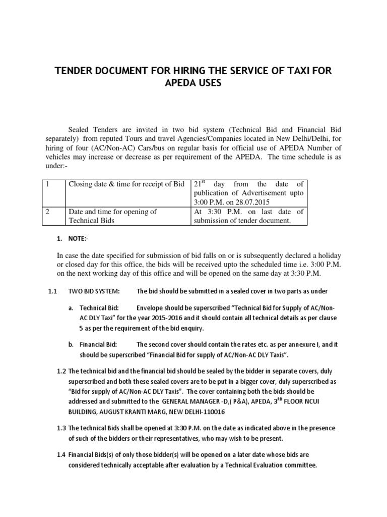 Tender For Taxi Service | PDF | Taxicab | Vehicles