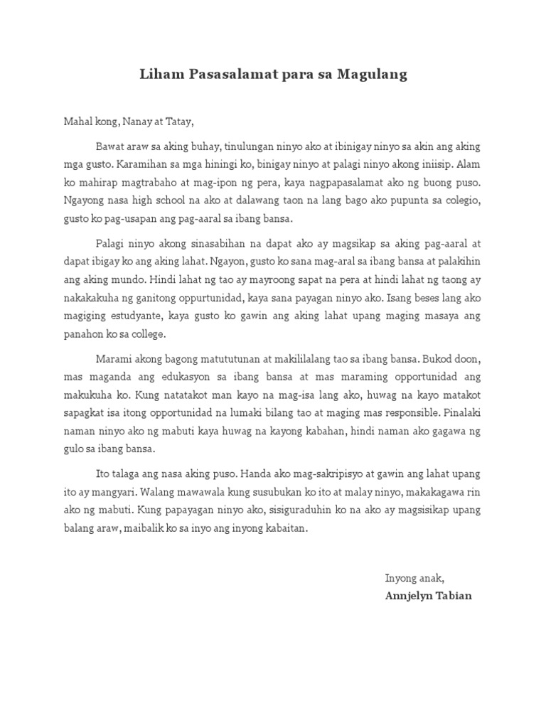 Liham Pasasalamat para Sa | PDF