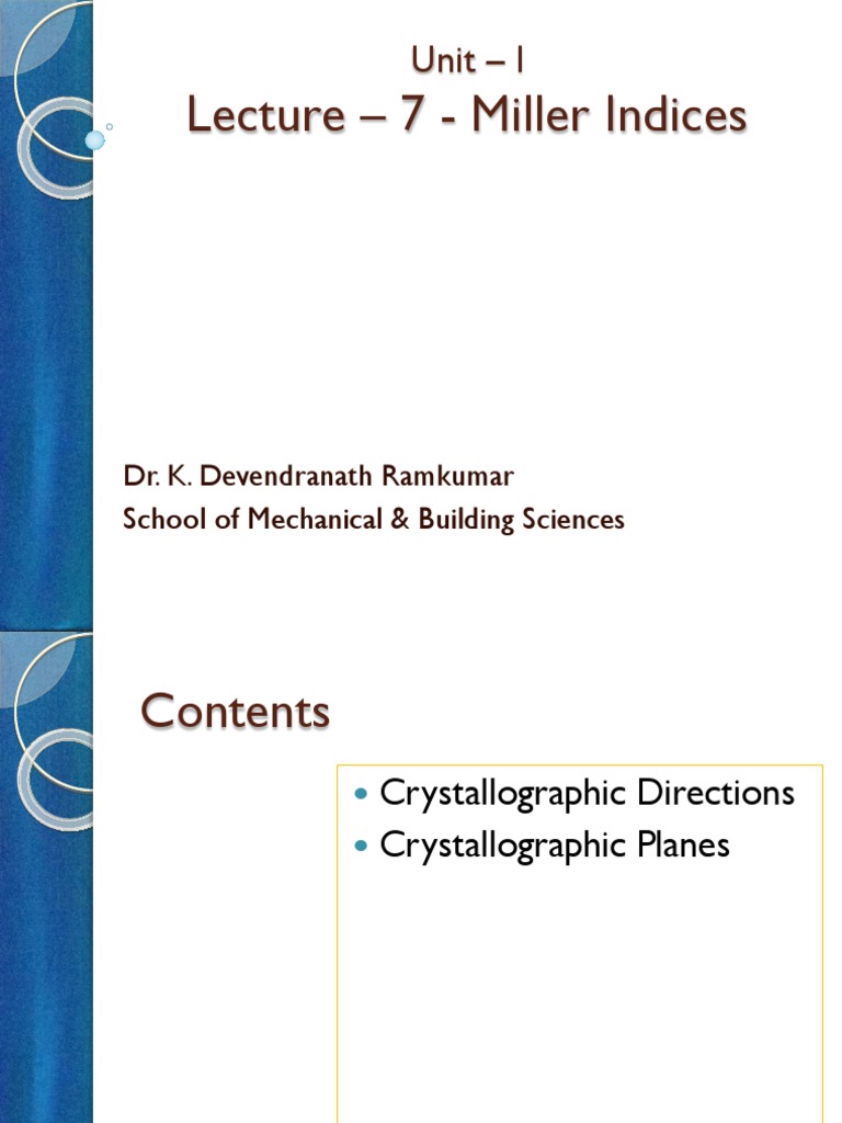 Lecture - 7 - Miller Indices: Unit - I | PDF | Crystal Structure ...