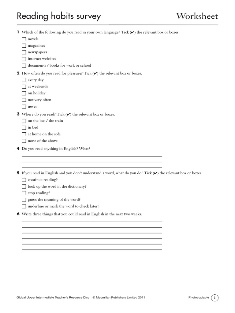 Reading Habits Survey Worksheet | PDF | Language Arts & Discipline ...