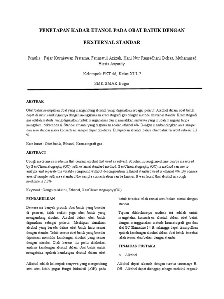 Penetapan Kadar Etanol Pada Obat Batuk Dengan Eksternal Standar | PDF ...