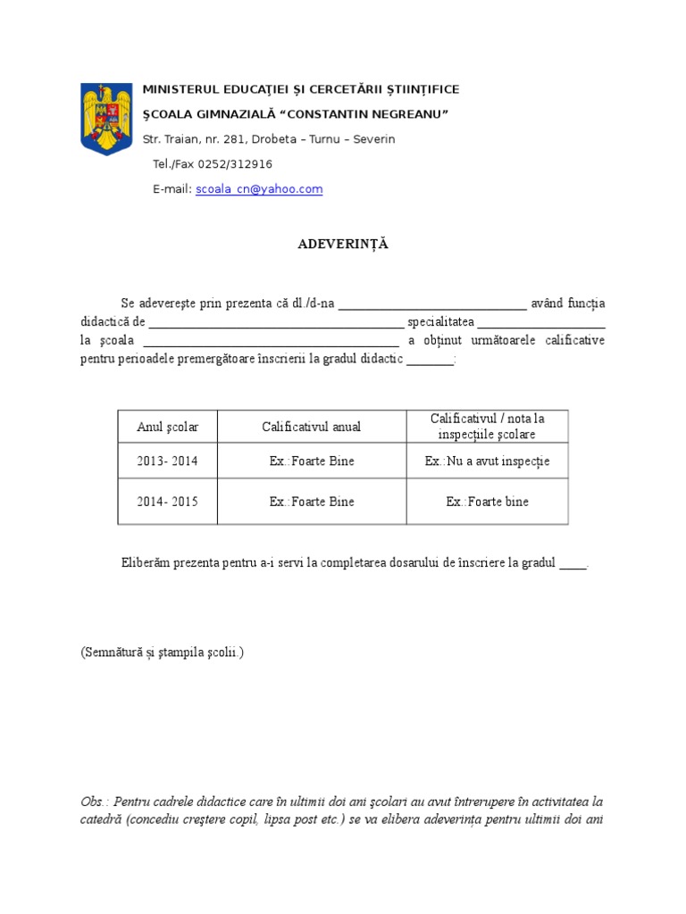 Model Adeverinta Calificative