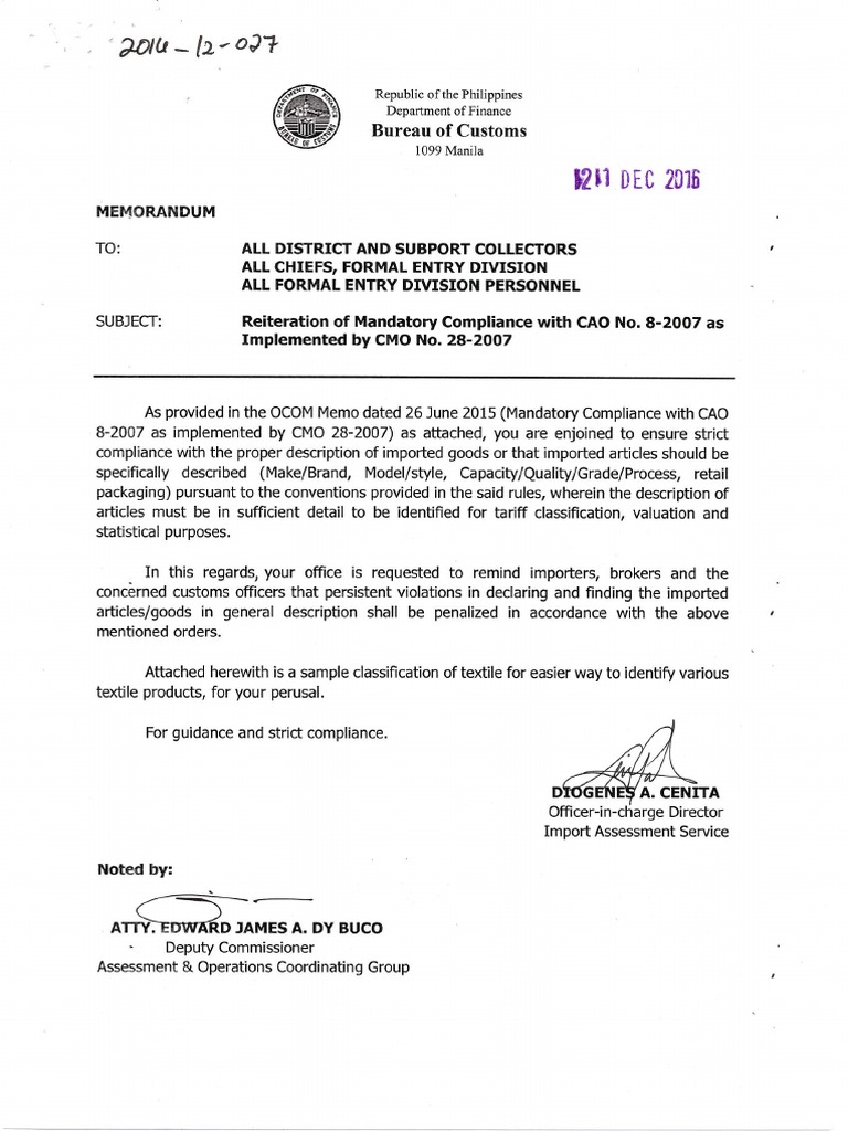 BOC Memo 2016-12-027 Reiteration of Mandatory Compliance With CAO No. 8 ...