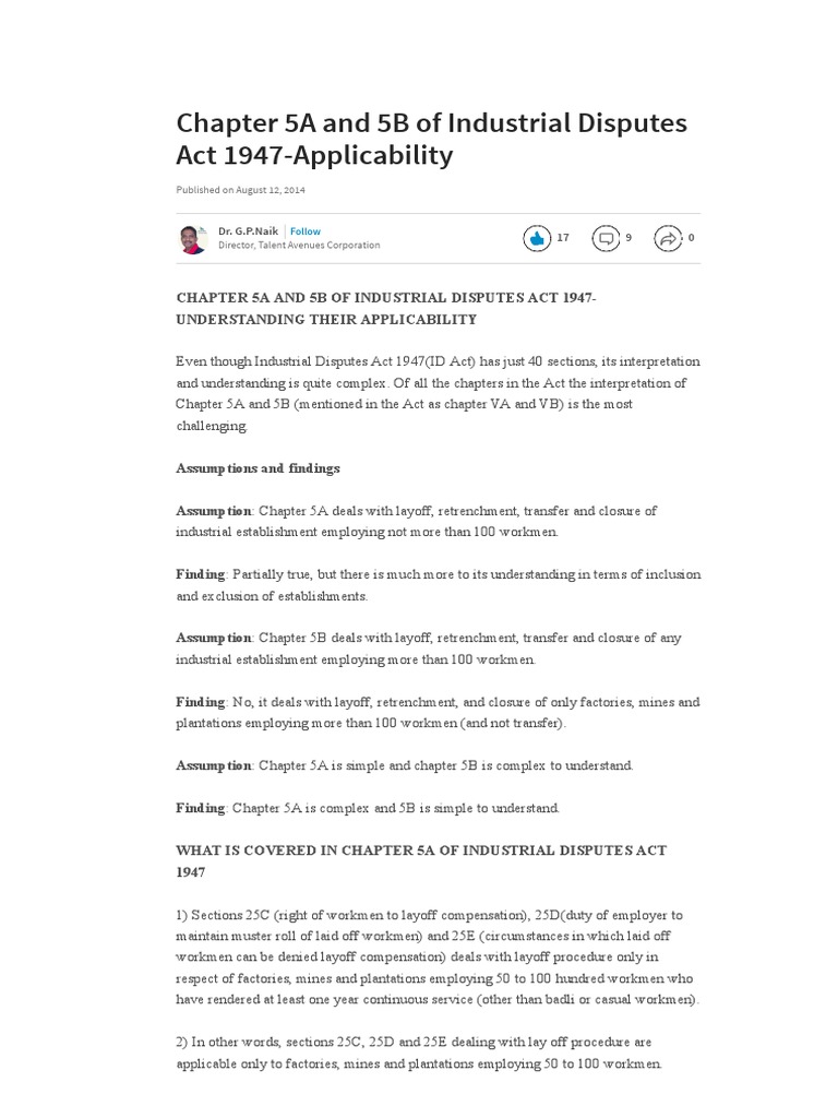 Chapter 5A and 5B of Industrial Disputes Act 1947-Applicability - Dr. G ...
